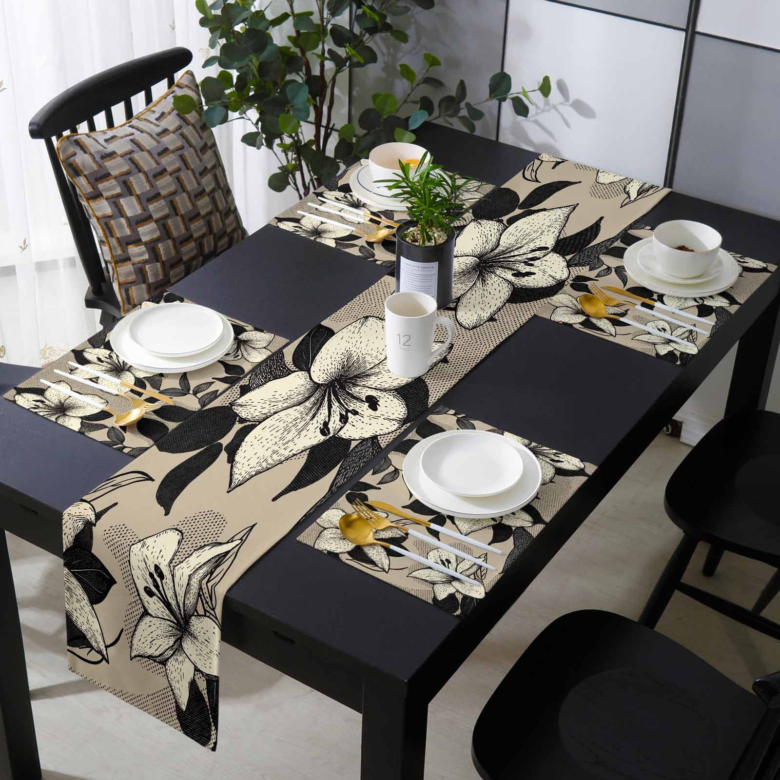 Black Floral Placemats Set of 6 with 72 Inches Long Table Runners ...