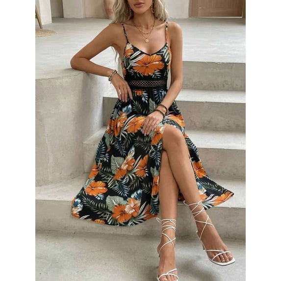 Black Floral Print High Slit V-Neck Maxi Sundress With Spaghetti Straps ...