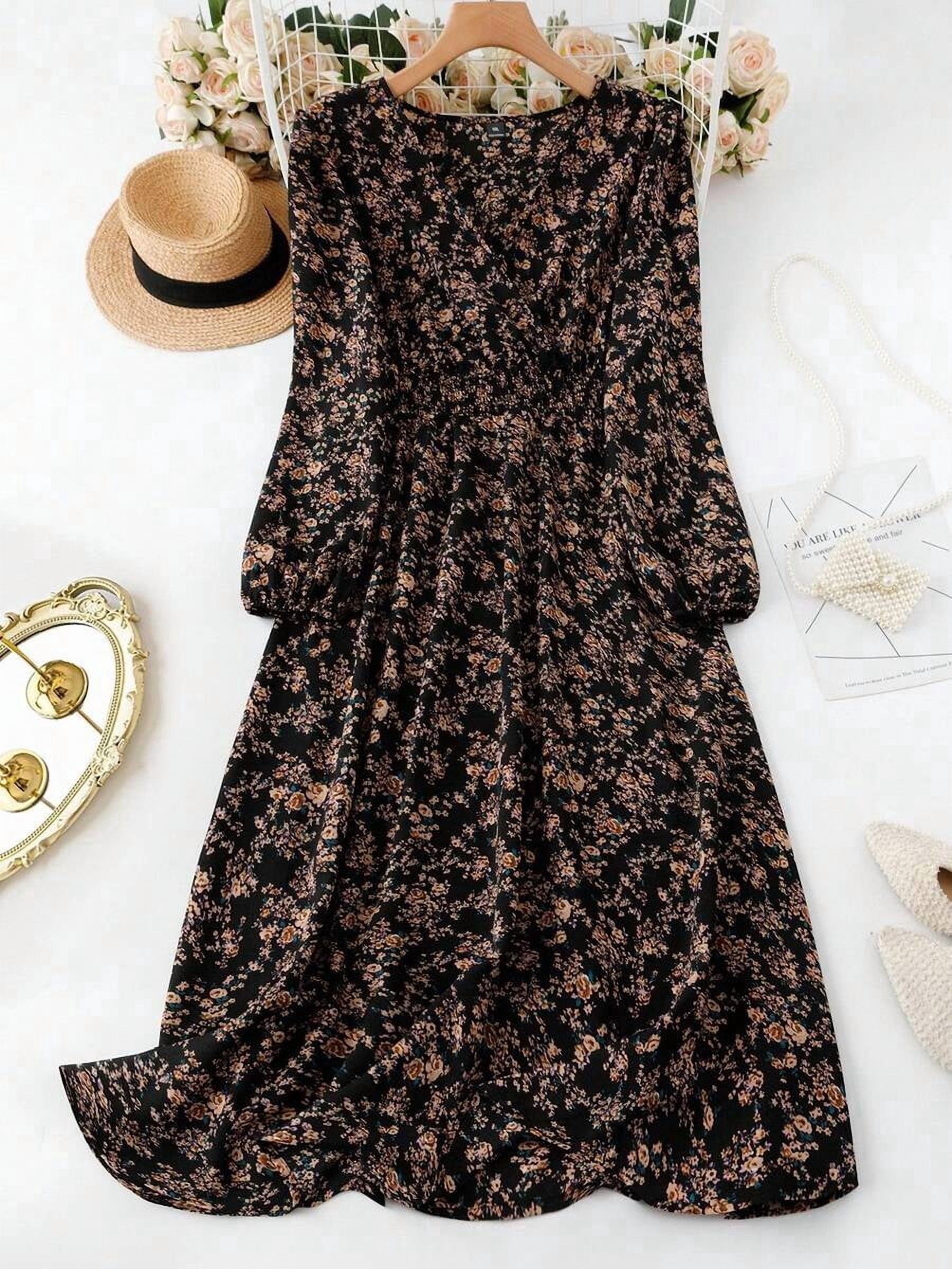 Black Floral Print Plus Size Long Sleeve V-Neck A-Line Maxi Dress For ...