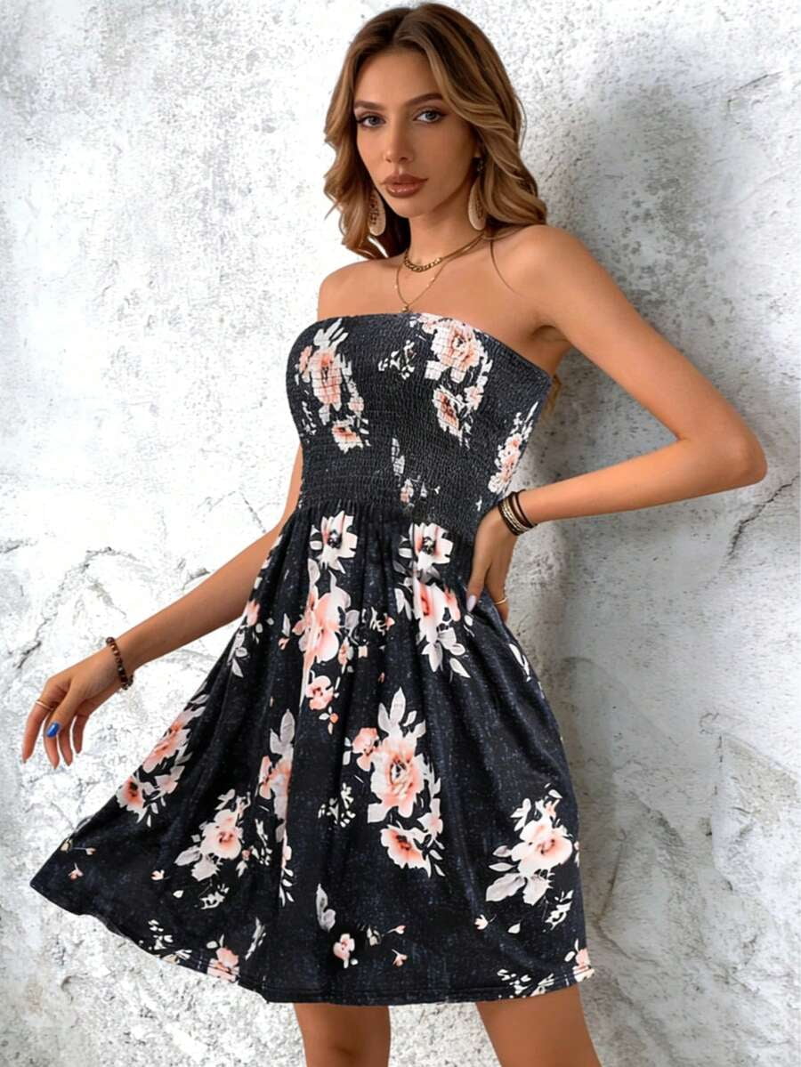 Black Floral Print Strapless Ruched A-Line Mini Dress For Casual Spring ...