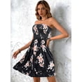 Black Floral Print Strapless Ruched A-Line Mini Dress For Casual Spring ...