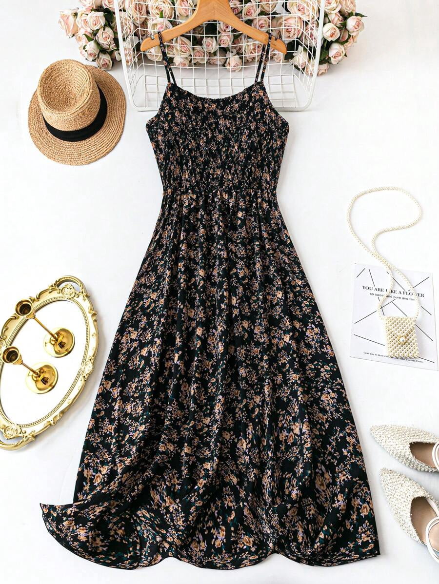 Black Floral Print Strappy Maxi Dress For Women Casual Vacation Style ...