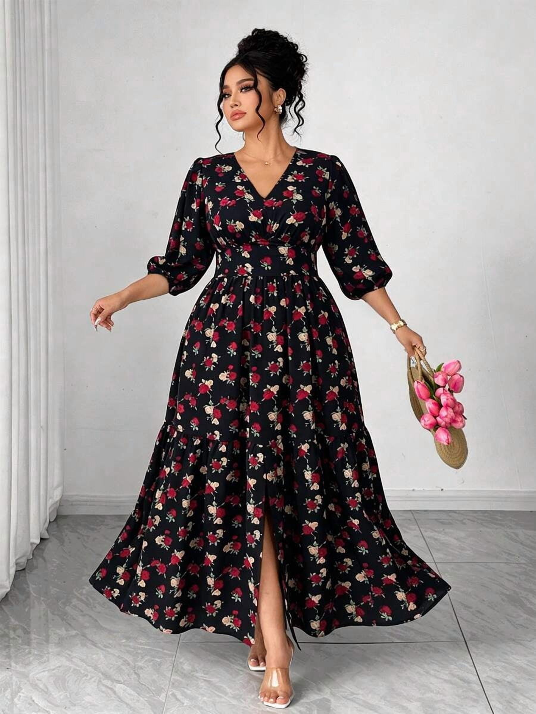 Black Floral Print V-Neck Maxi Dress With Tiered Skirt, Side Slit, And ...