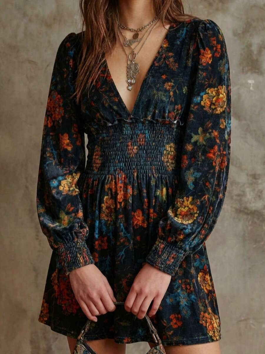 Black Floral Print Velvet Mini Dress With Smocked Waist And V-Neck ...