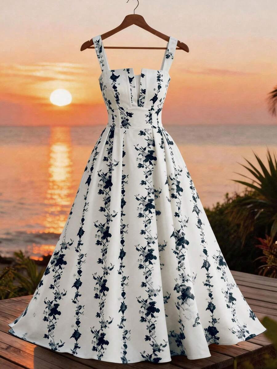 Black Floral Print Waist-Gathering Pleated A-Line Maxi Dress For Women ...