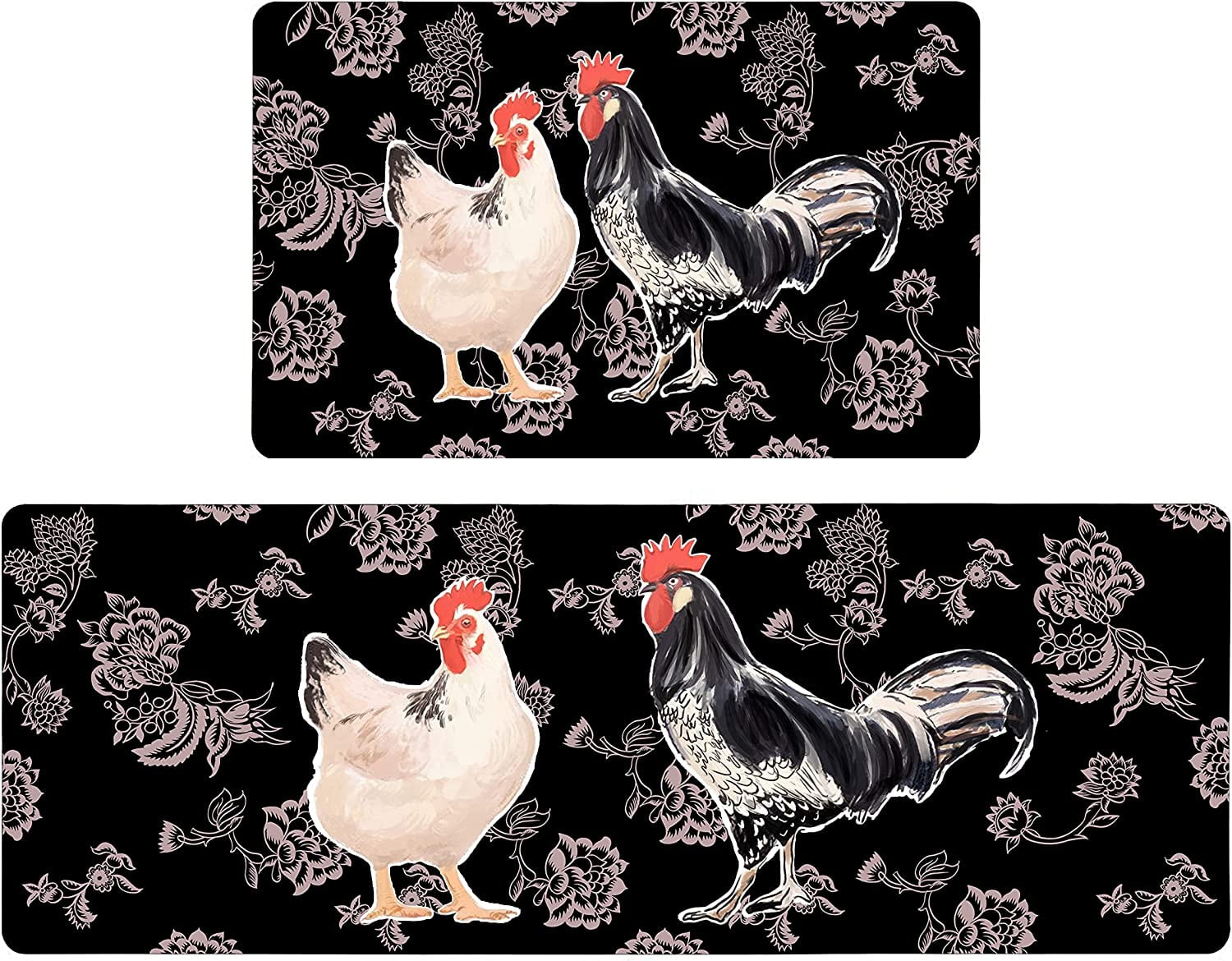 Black Floral Rooster Farmhouse Kitchen Rugs Set 2 Piece Colorful ...
