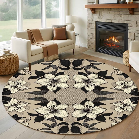 Black Floral Round Area Rug 6 FT, Non Slip Bedroom Rugs, Vintage Khaki ...