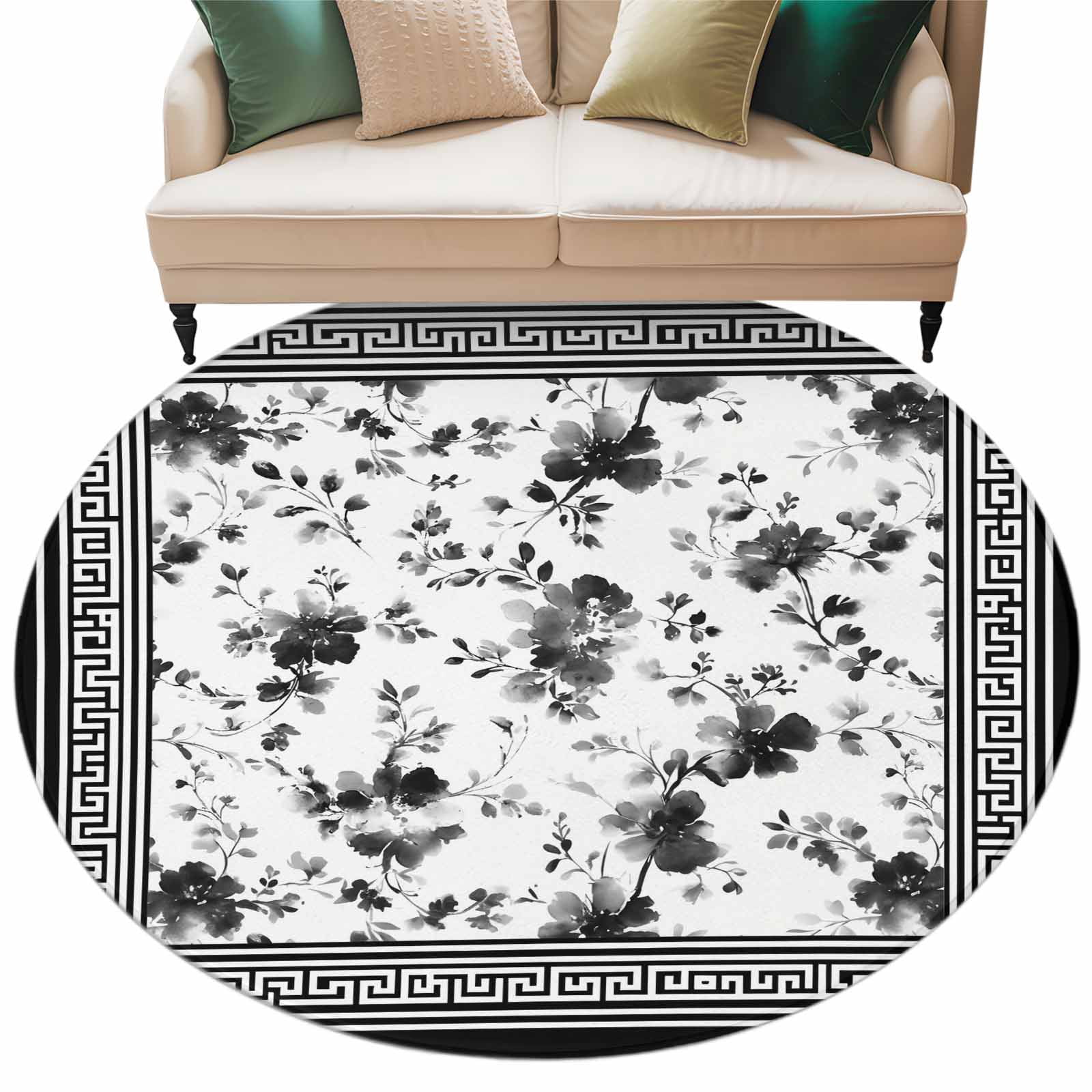 Black Floral Round Rug 8ft Washable Circle Rugs Non Slip Retro Flowers ...