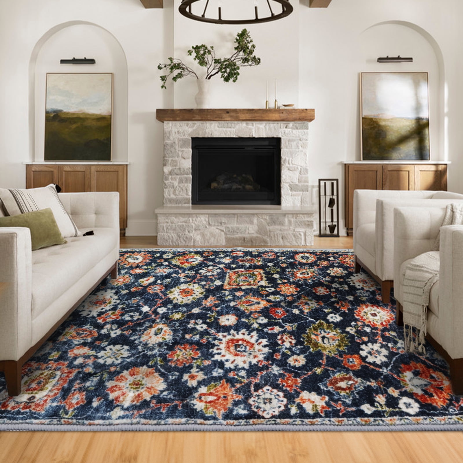 Black Floral Rug - 5x7 Boho Area Rug for Living Room - Pet Friendly ...