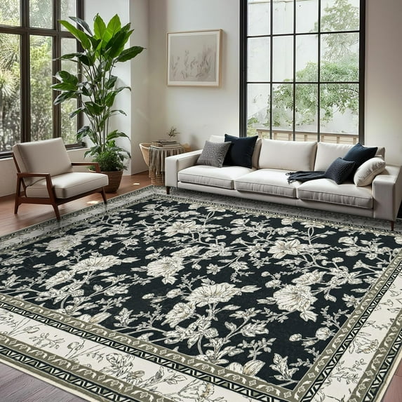 Black Floral Rug 5x7 Machine Washable Area Rug for Living Room Vintage ...
