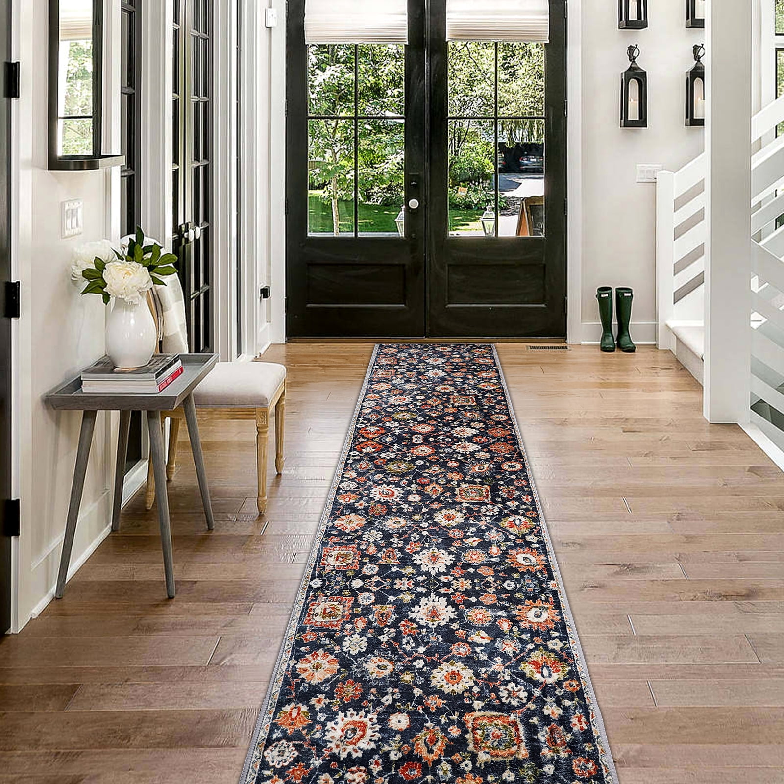 Black Floral 2x10ft Runner Rug - Boho, Pet-Friendly, Washable for ...