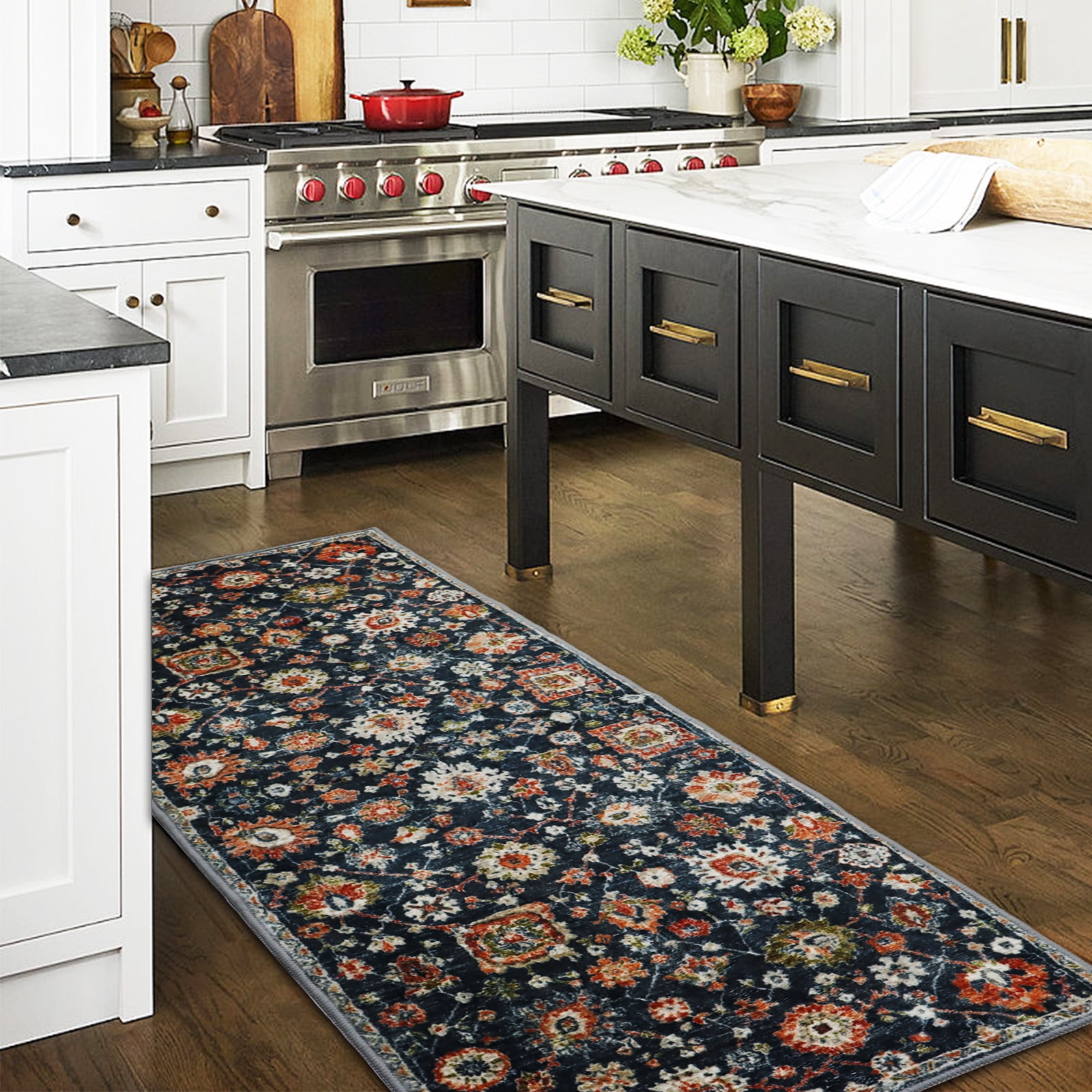 Black Floral Runner Rug 2x6ft - Boho Rug Pet Friendly Washable Kitchen ...