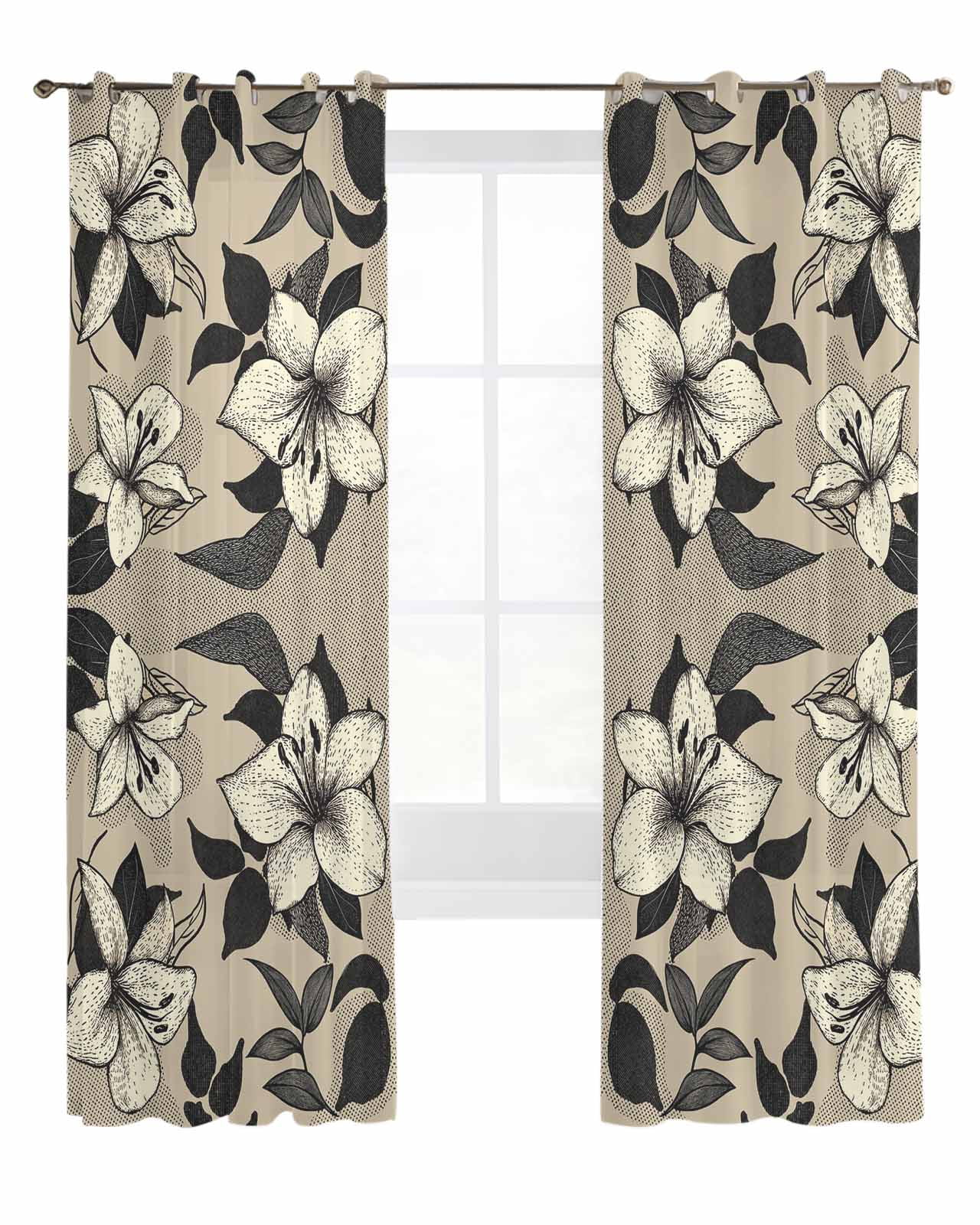 Black Floral Sheer Curtains 90 Inch Length 2 Panels Vintage Khaki ...