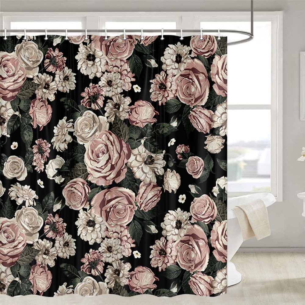 Black Floral Shower Curtain For Bathroom Vintage Flower Rose Shower