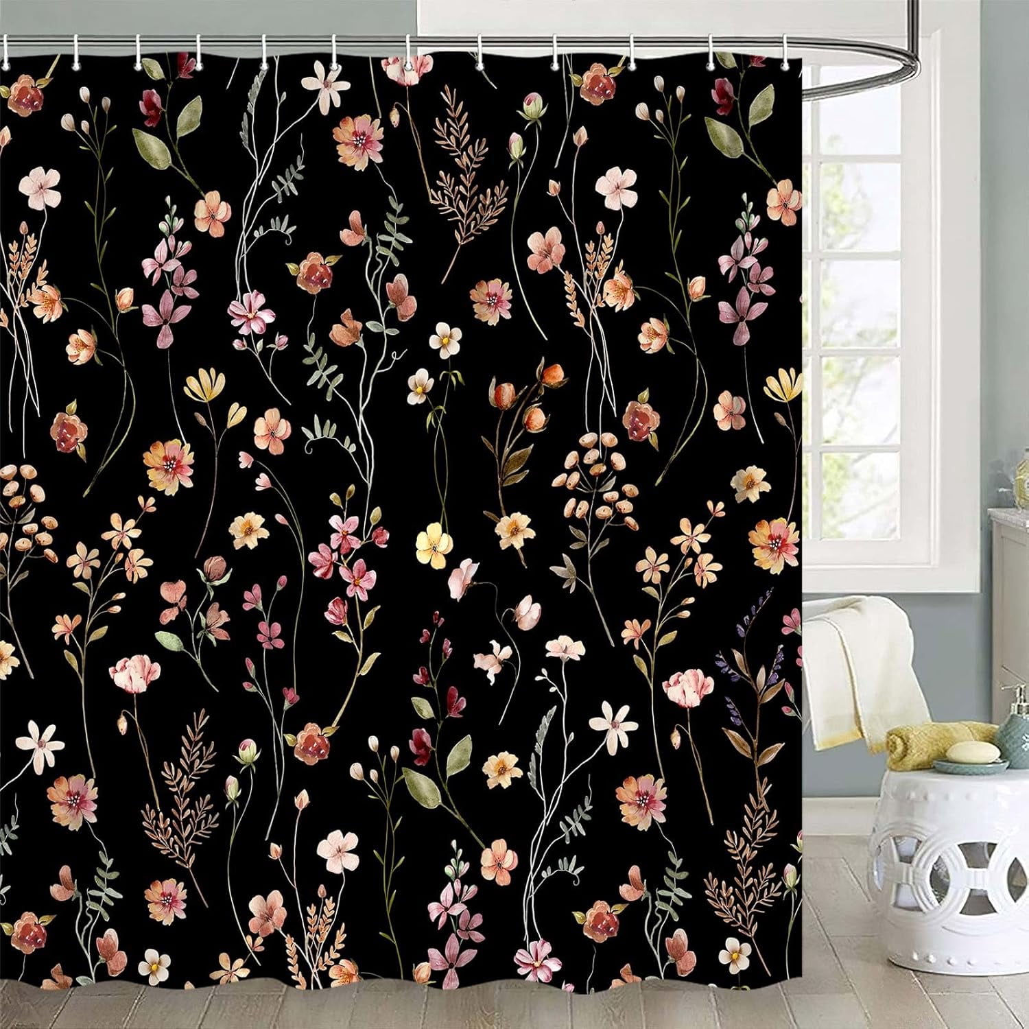 Black Floral Shower Curtain,Boho Vintage Dark Flower Botanical Bath ...