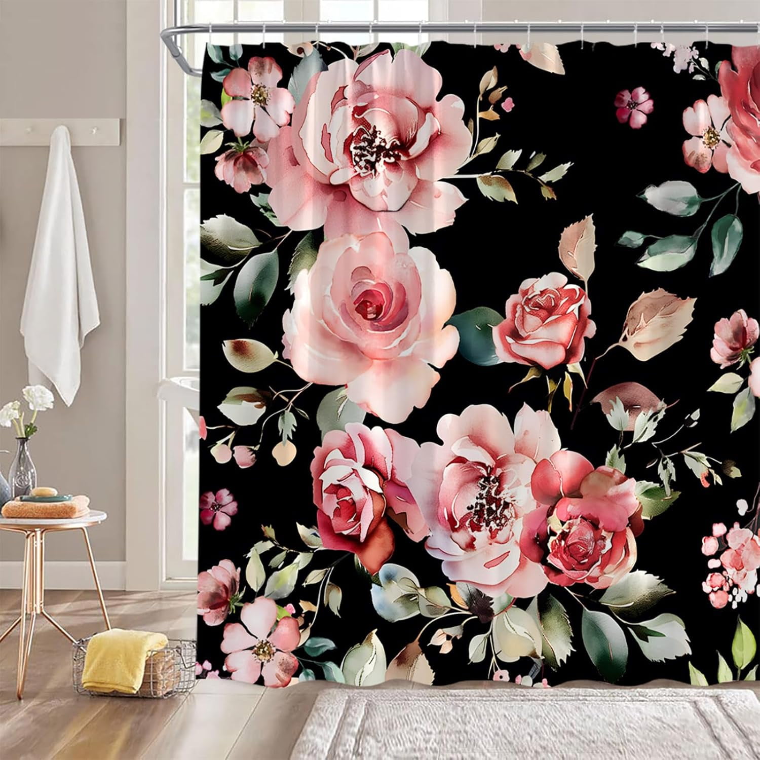 Black Floral Shower Curtain Watercolor Rose Flower Rustic Vintage Pink ...