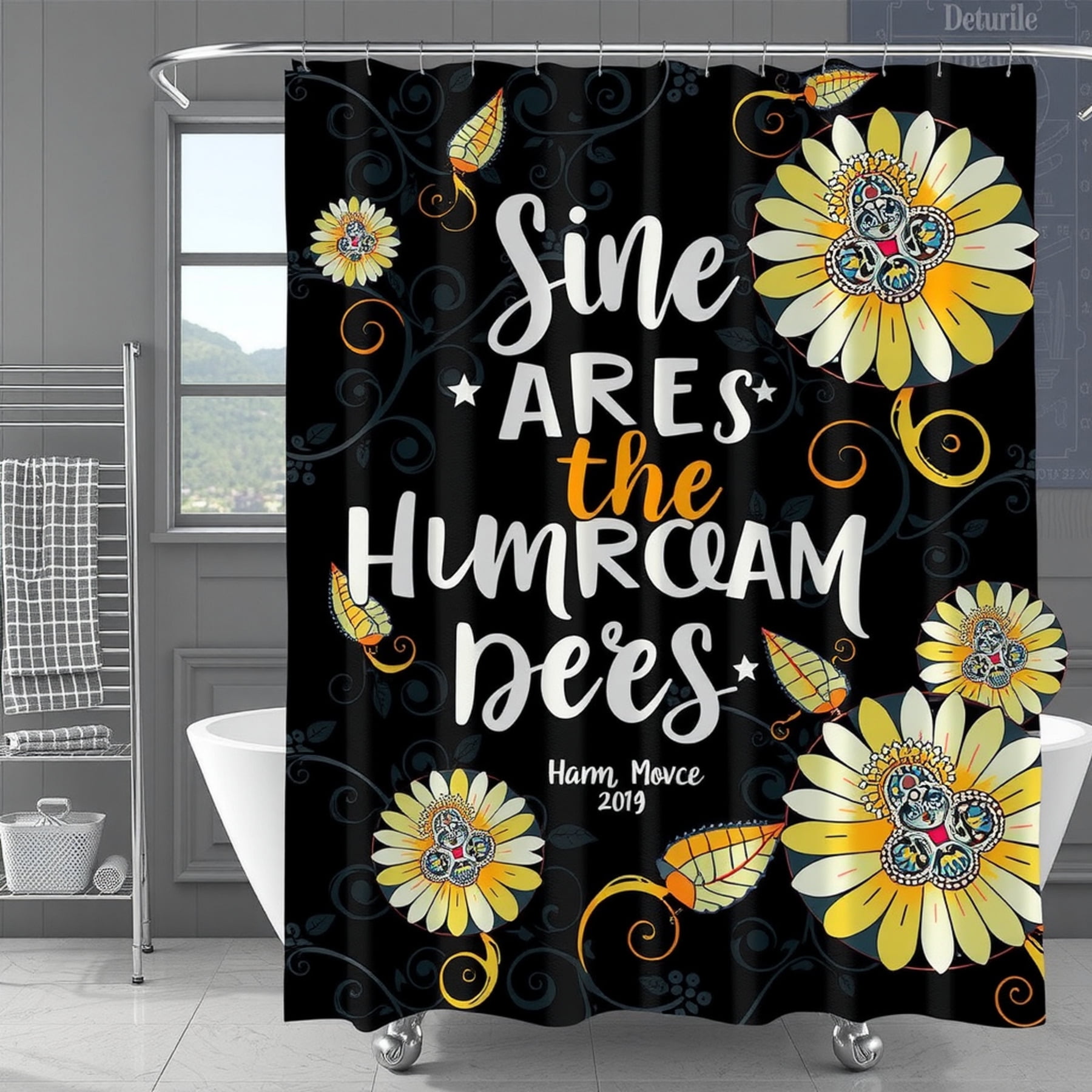 Black Floral Shower Curtain with Script Text and Stars - 2019 Design ...