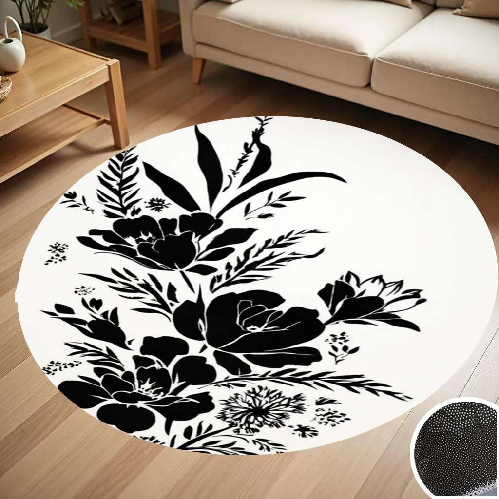 Black Floral Silhouette Design Art Round Carpet Living Room Bedroom ...