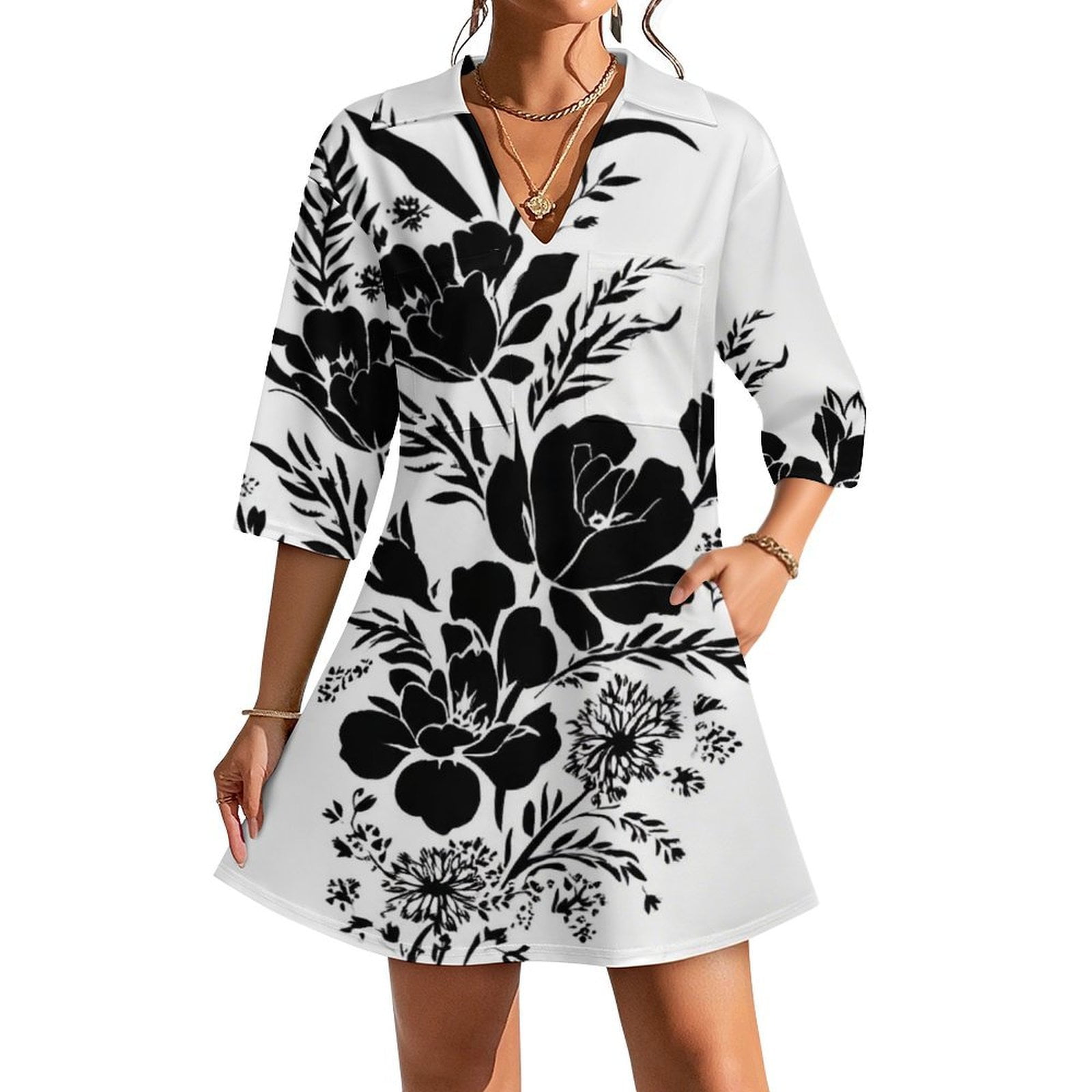 Black Floral Silhouette Design Art Womens Dress With Pockets Summer V ...