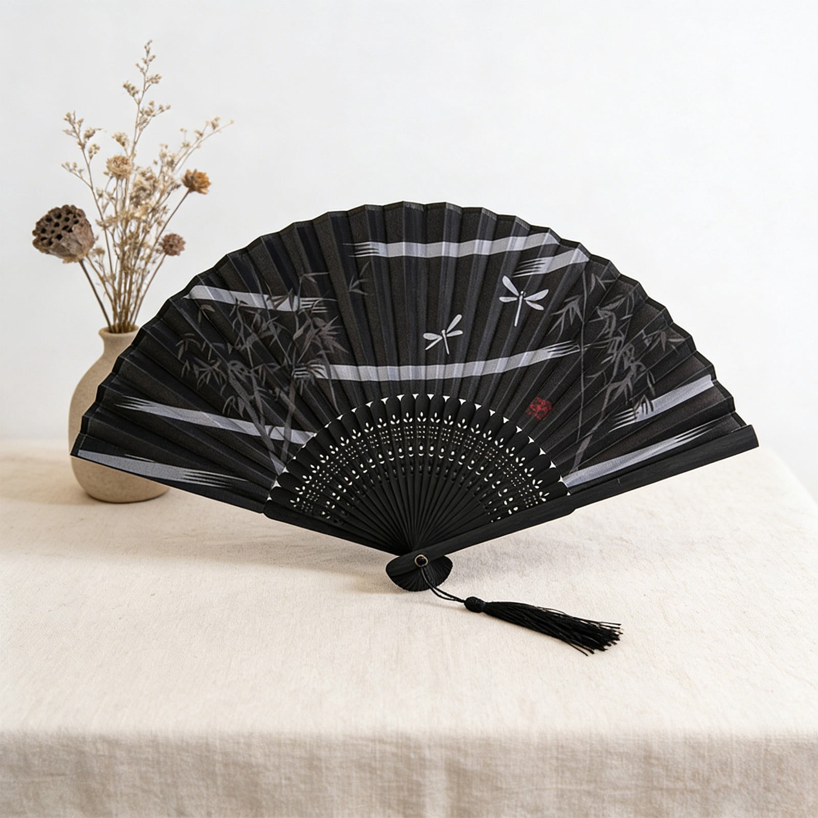 Black Floral Silk Folding Fan with Bamboo Ribs, Durable Hand Fan for ...