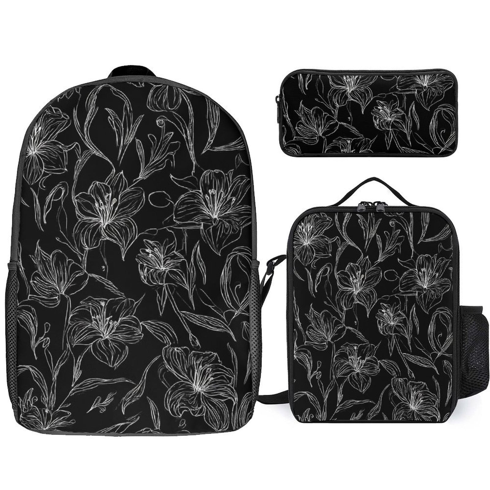 Black Floral Sketch Pattern 3D Printed 3pcs/Set Bags Laptop Daypack Backpack Lunch bag Pencil ...