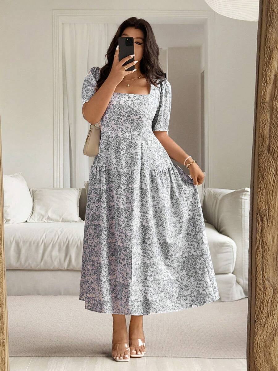 Black Floral Square Neck Cinched Waist Ruched A-Line Maxi Dress For ...