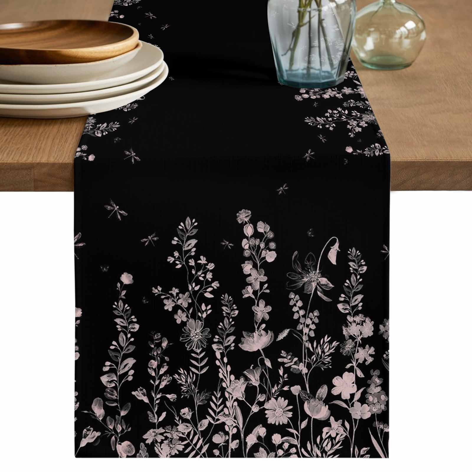 Black Floral Table Runner 108 Inches, Elegant Pastoral Flowers ...