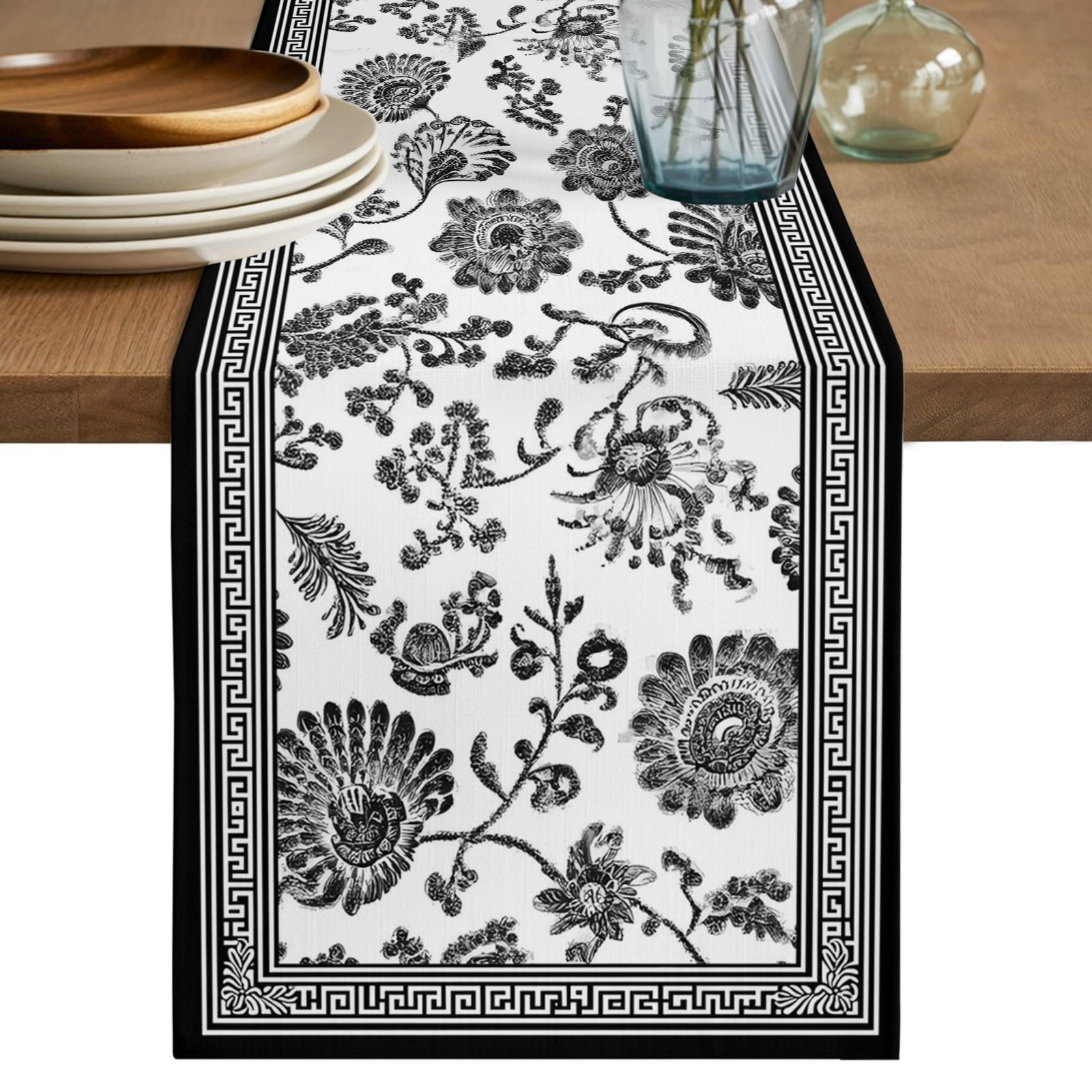 Black Floral Table Runner 72 Inches Long,Vintage Flowers Leaves ...