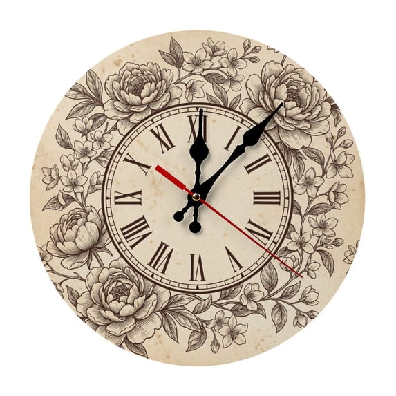 Black Floral Toile Wooden Wall Clocks Battery Operated 10 Inch Round ...