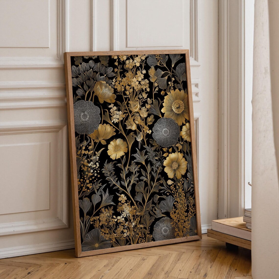 Black Floral Wall Art, Gold Botanical Print, Vintage Inspired Flower ...