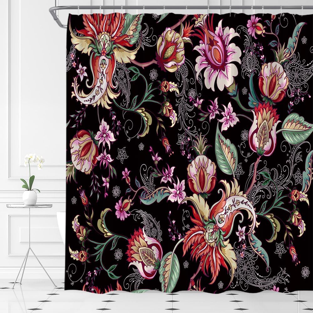 Black Floral Waterproof Shower Curtain Boho Floral Vintage Flower Chic ...