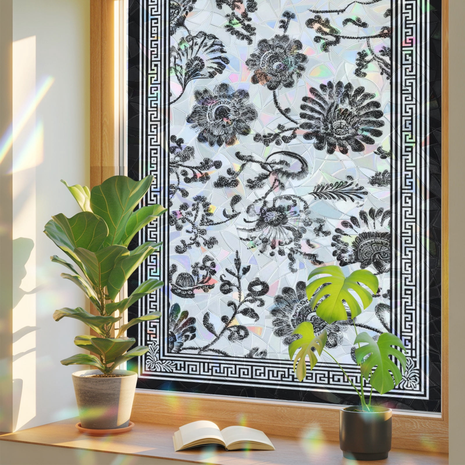 Black Floral Window Privacy Film Rainbow Static Cling Stain Glass ...