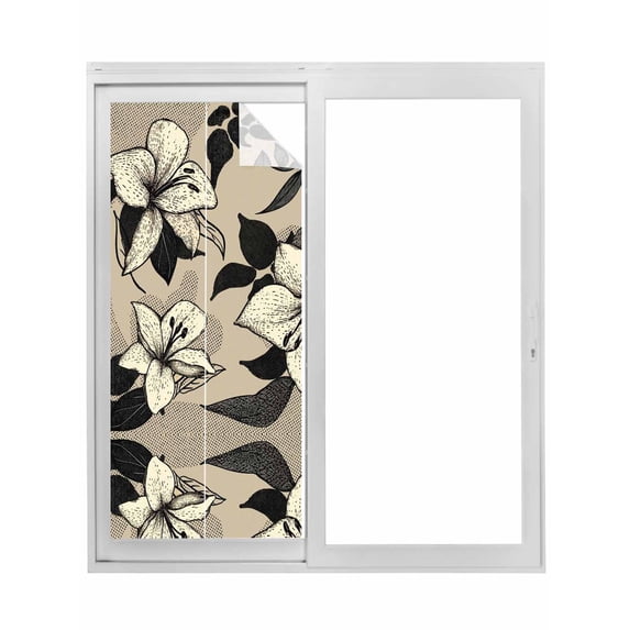 Black Floral Window Privacy Film, Vintage Khaki Floral Retrp Plant Leaf ...