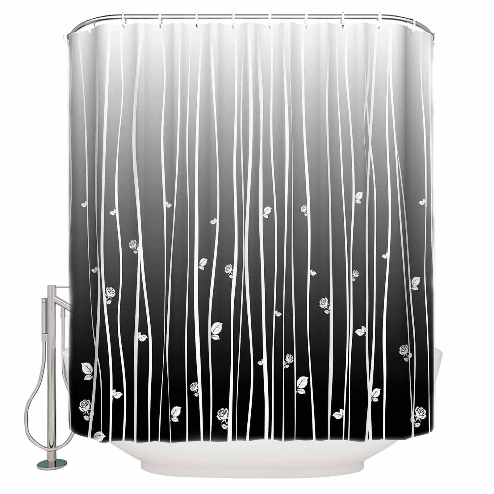 Black Flower Bathroom Shower Curtains with 12 Hooks Polyester ...