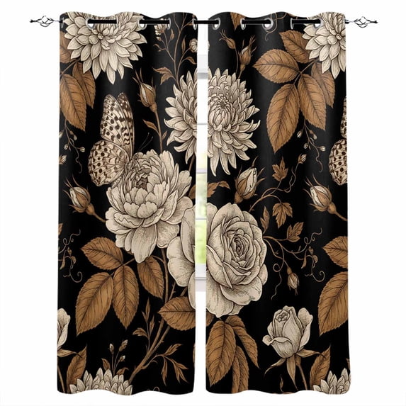 Black Flower Blackout Curtains for Bedroom/Living Room, Thermal ...