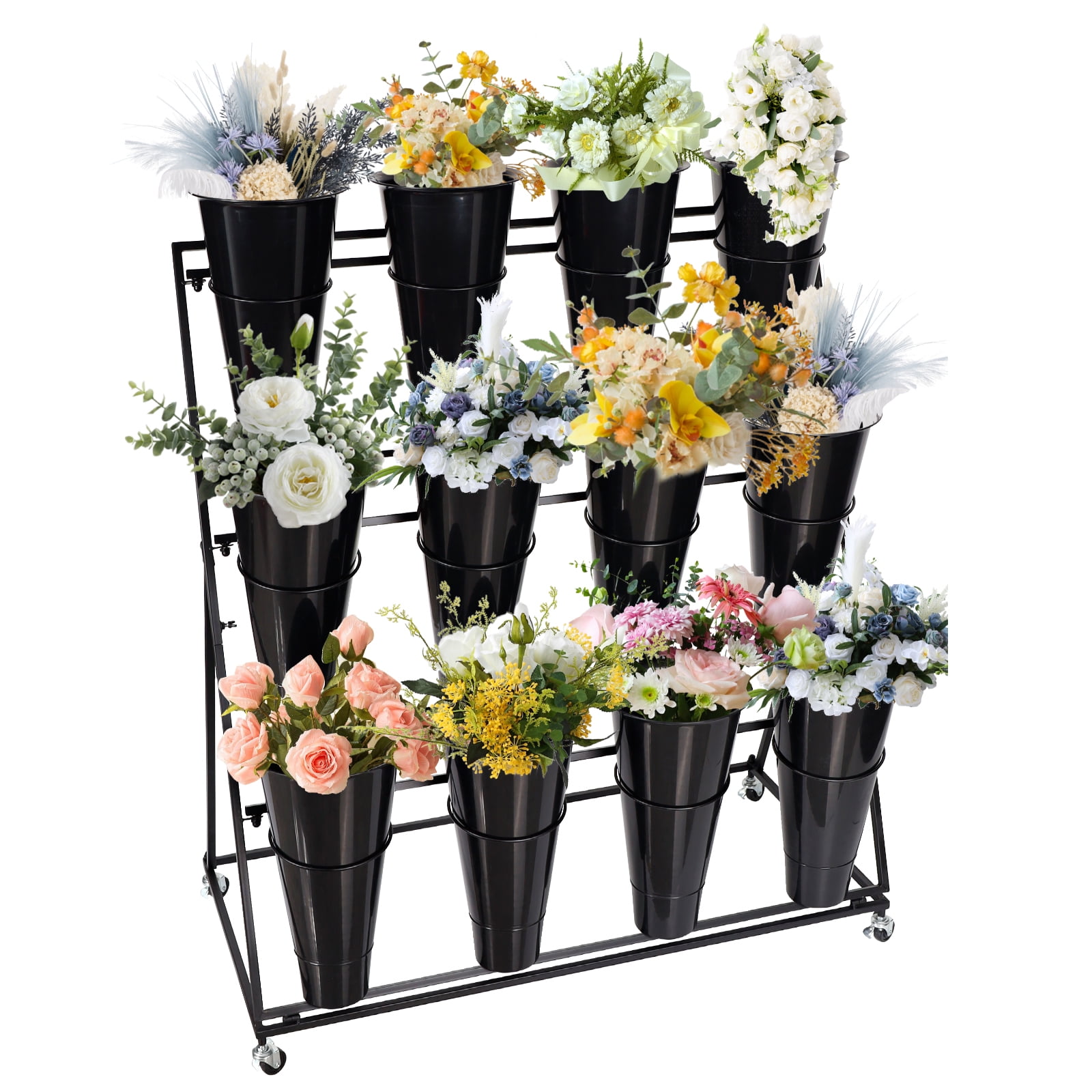 Black Flower Display Stand with 12 Round Buckets, Triangular Support ...