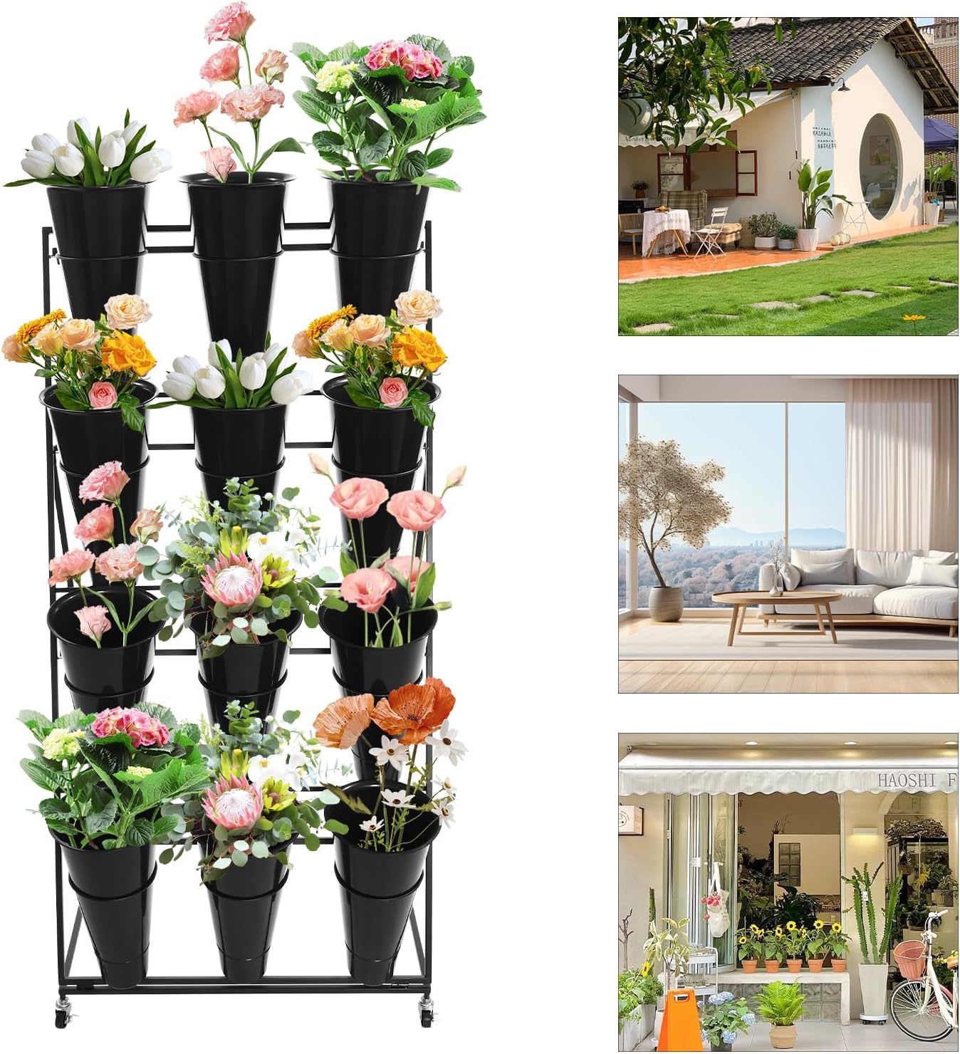 Black Flower Display Stand with 12Pcs Black Round Buckets, 4 Layers ...