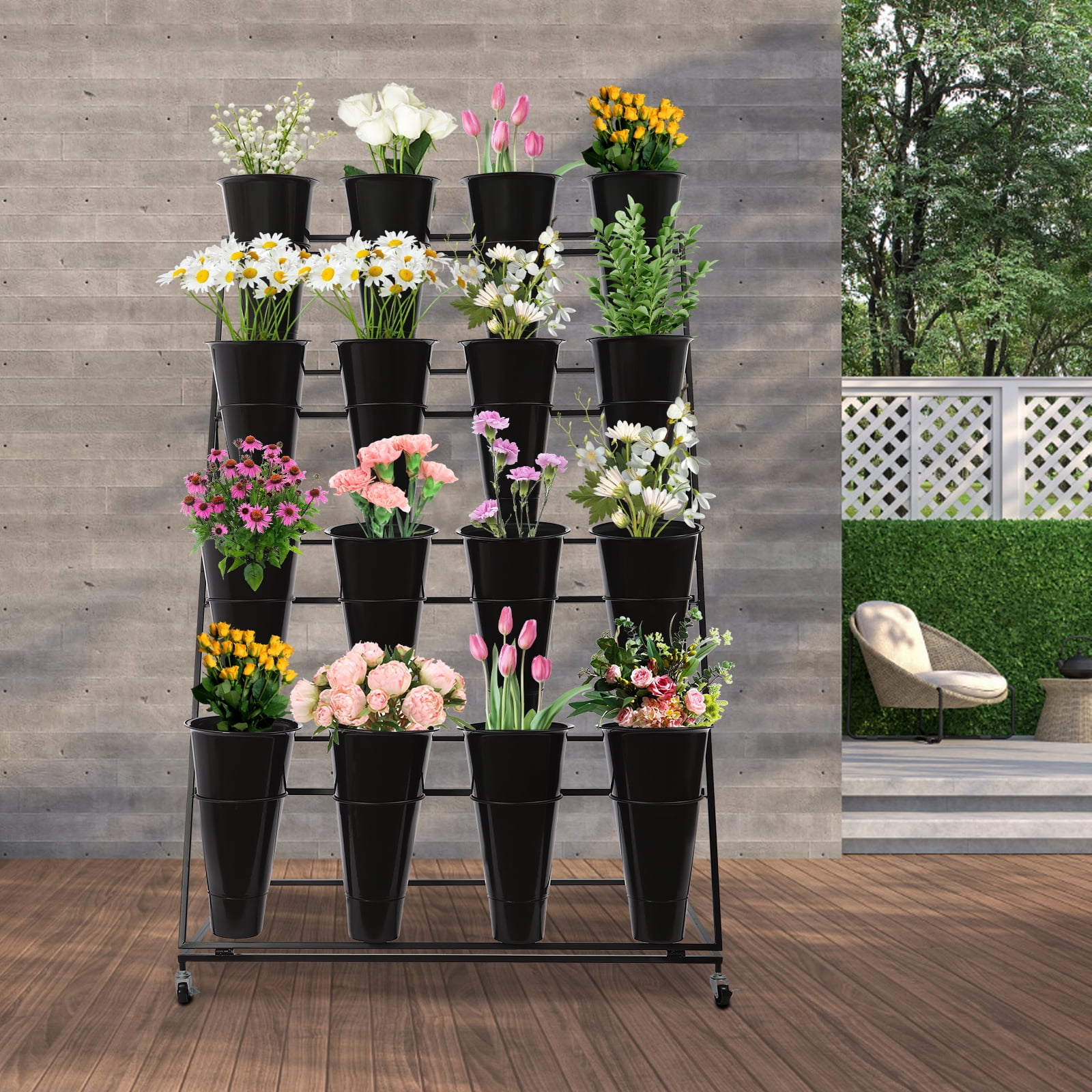 Black Flower Display Stand, Rolling 4-tier Flower Holder with Wheels ...