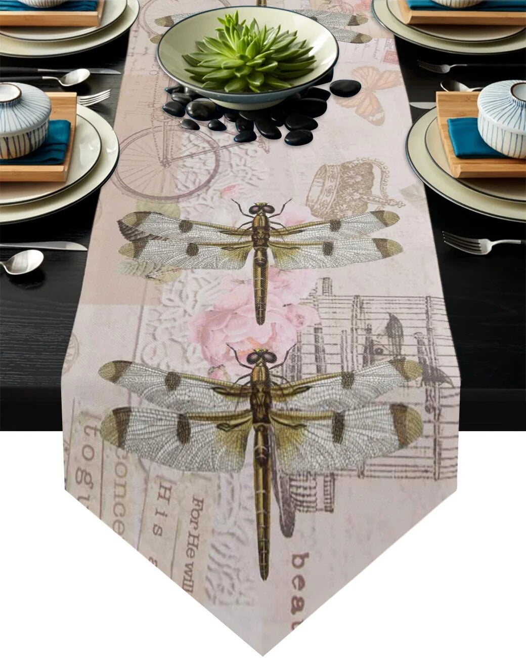 Black Flower Grass Dragonfly Table Runner For Wedding Hotel Party Table ...