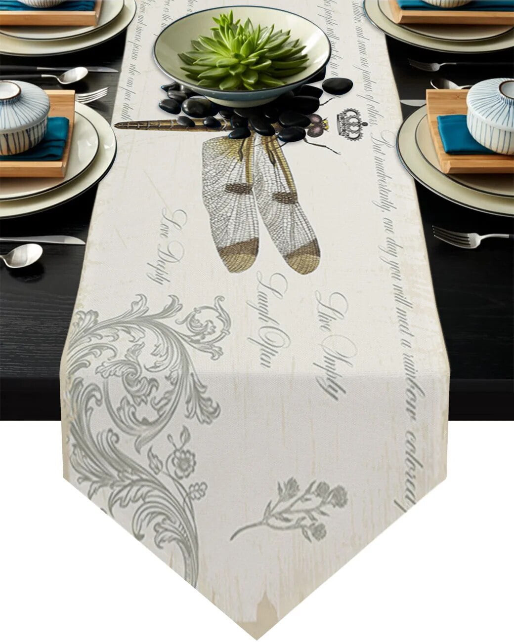 Black Flower Grass Dragonfly Table Runner For Wedding Hotel Party Table ...