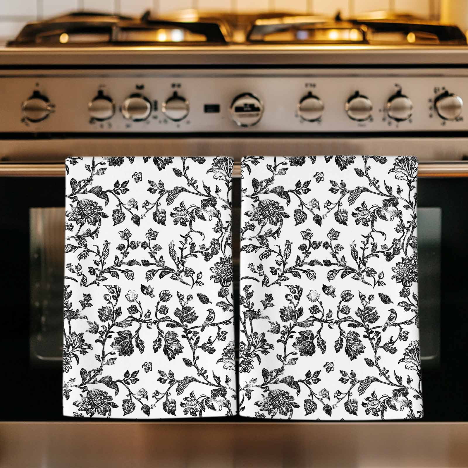 Black Flower Kitchen Towels Set of 4, Vintage Farmhouse Boho Leaf ...