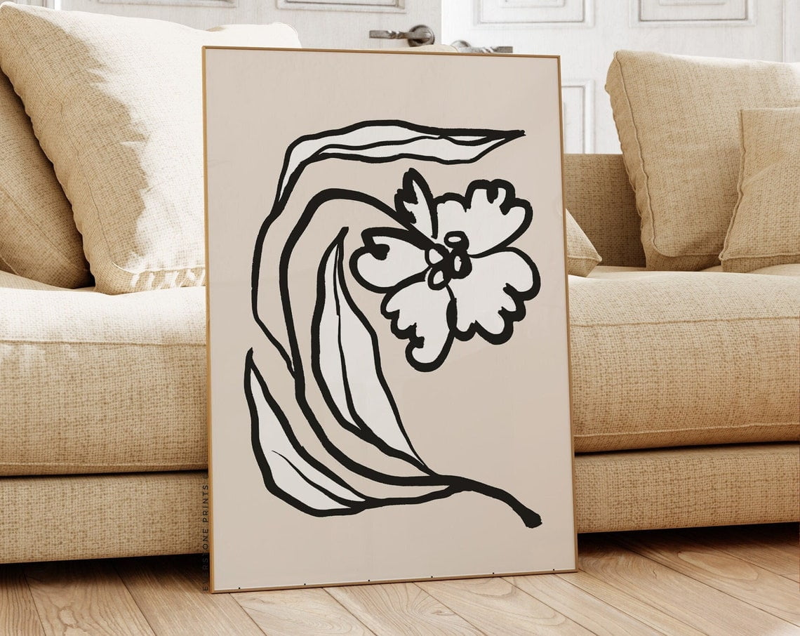Black Flower Line Print, Mid Century Wall Art, Retro Flower Poster ...