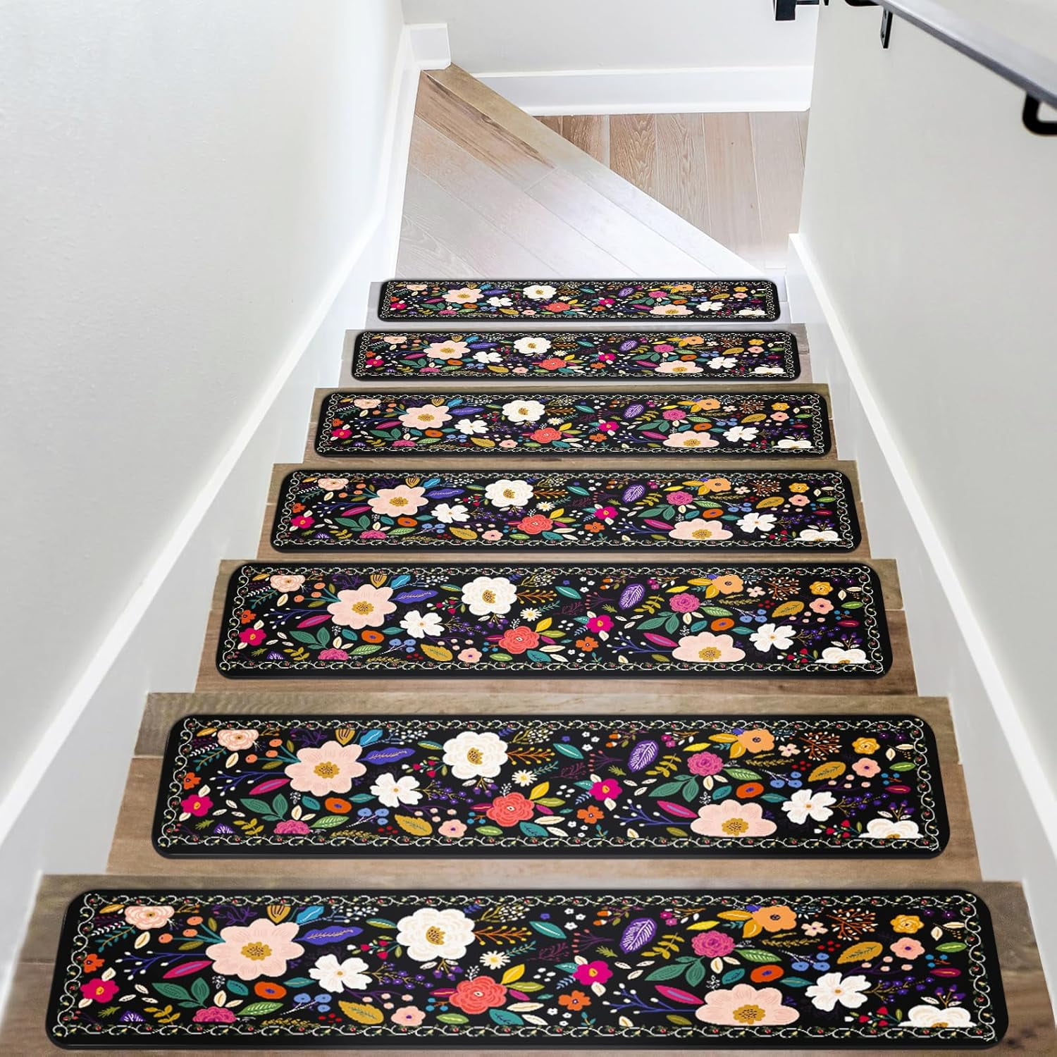 Black Flower Non-Slip Stair Treads - Indoor Stair Runners for Wooden ...