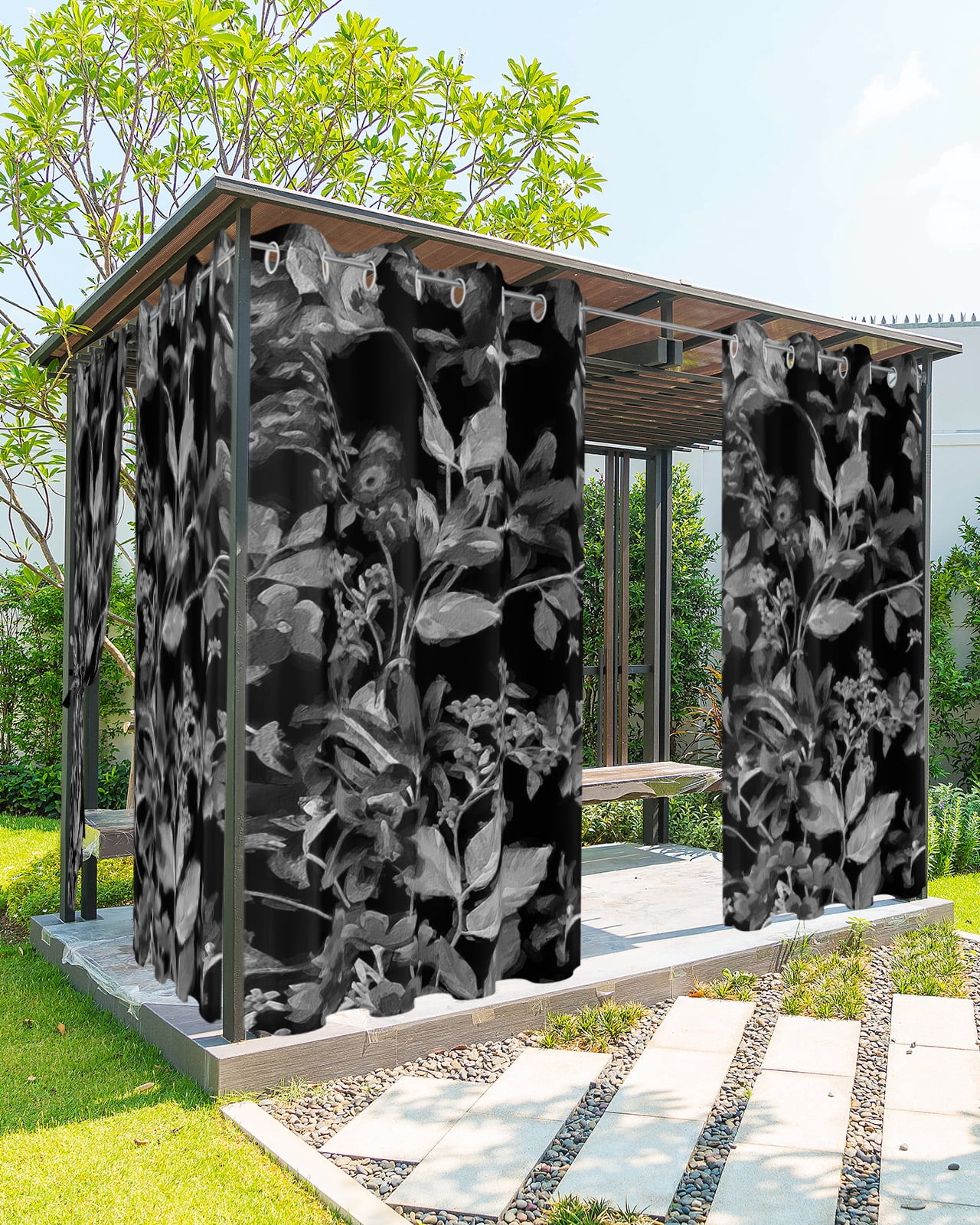 Black Flower Outdoor Curtains for Patio Waterproof, Vintage Abstract ...