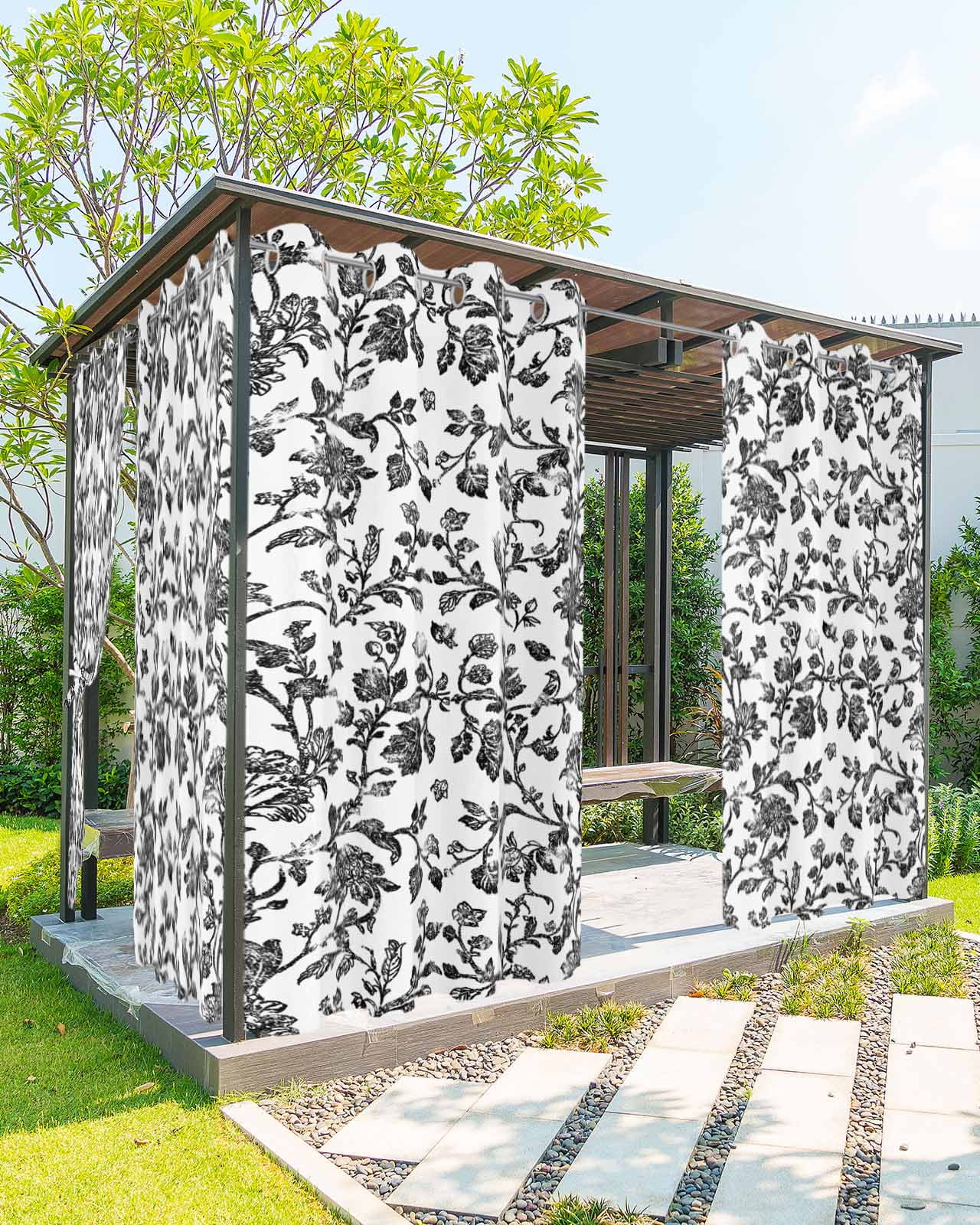 Black Flower Outdoor Curtains for Patio Waterproof,Vintage Farmhouse ...