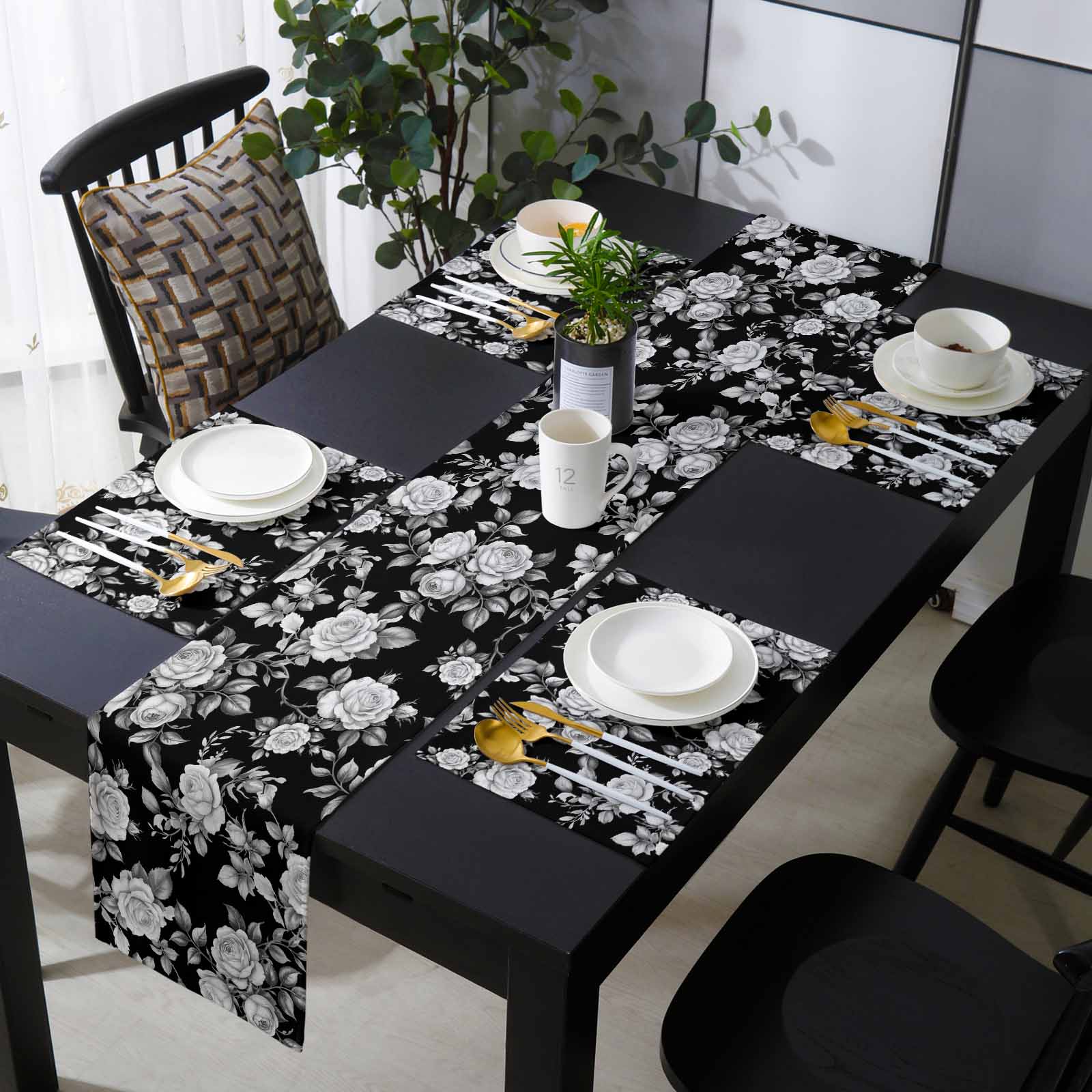 Black Flower Placemats Set of 6 with 72 Inches Long Table Runners ...