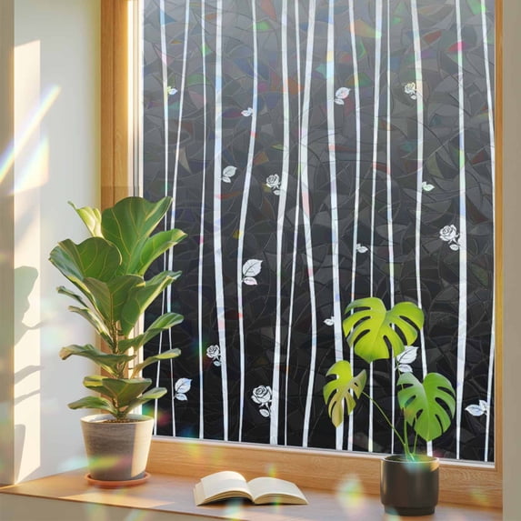 Black Flower Privacy Window Film, Decorative Stained Glass Window Film ...