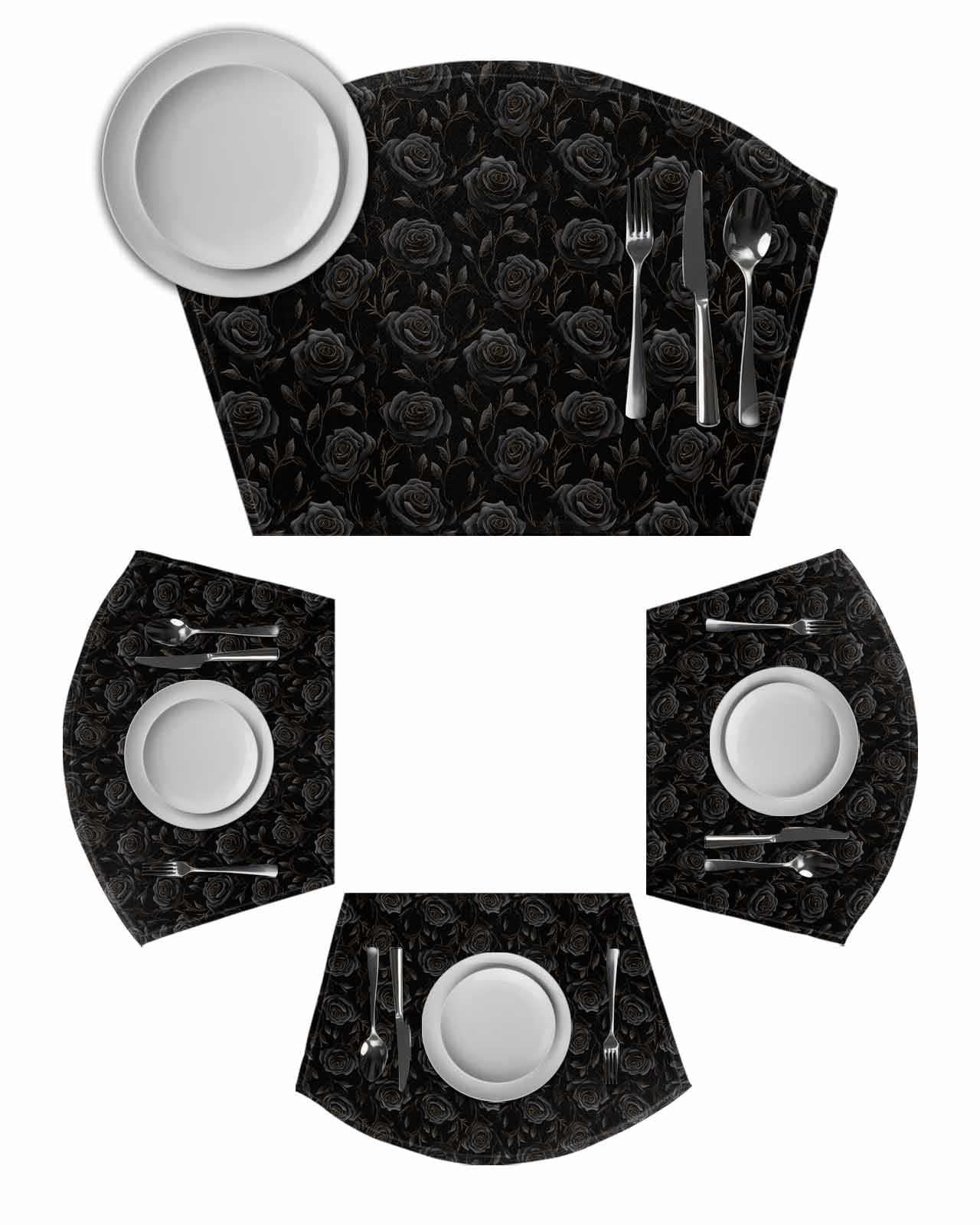 Black Flower Round Table Placemats Set of 2 Wedge Placemats, Abstract ...