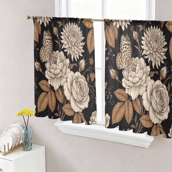 Black Flower Sheer Curtains 45 Inch Length 2 Panels Set, Vintage Roses ...