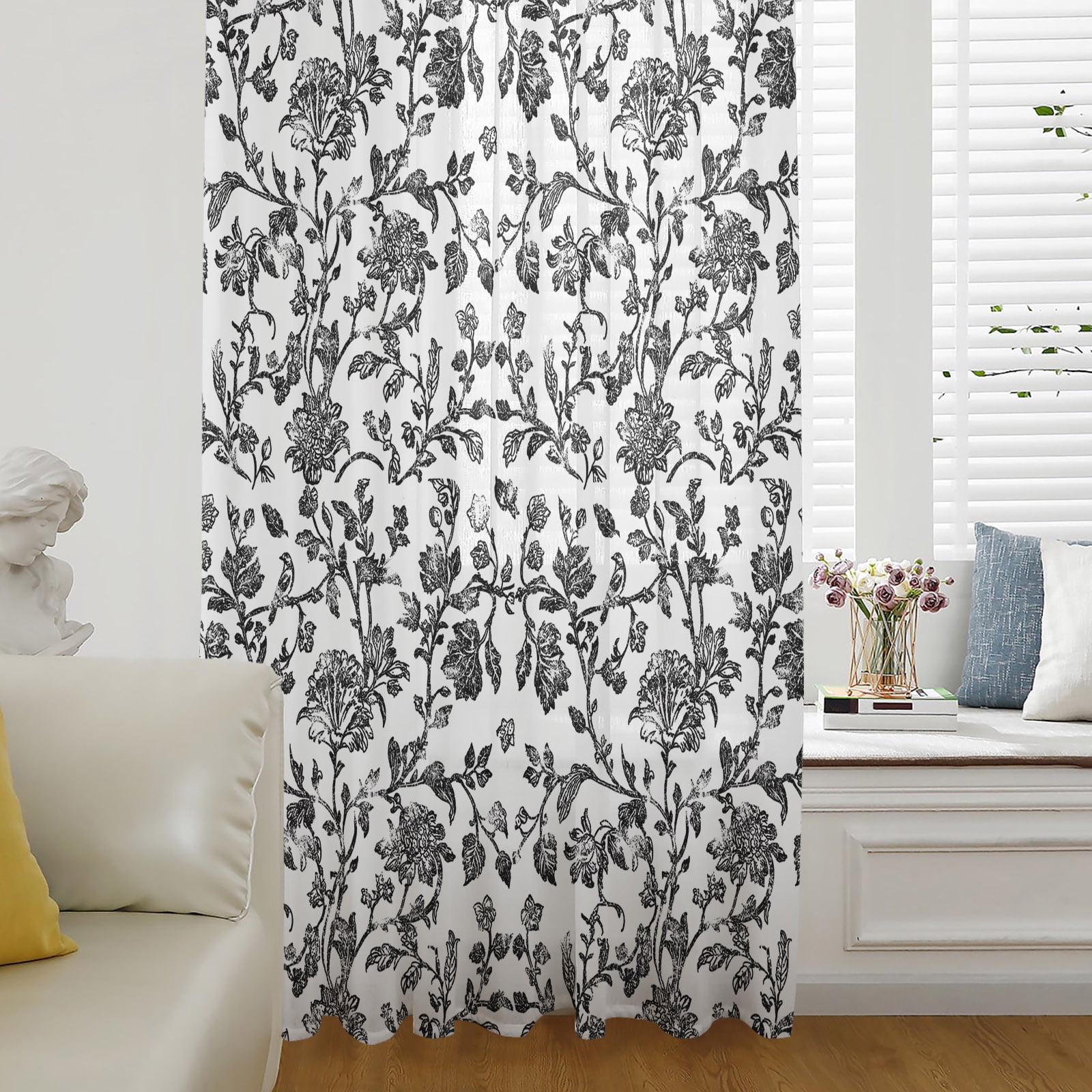 Black Flower Sheer Curtains 96 Inch Length, Light Filtering Voile ...